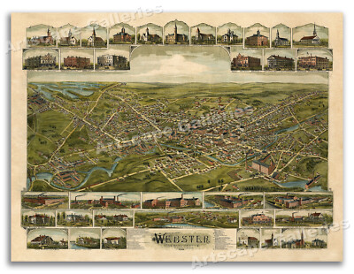 Bird's Eye View 1892 Webster Massachusetts Vintage Style City Map ...