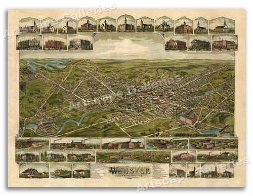 Bird's Eye View 1892 Webster Massachusetts Vintage Style City Map ...