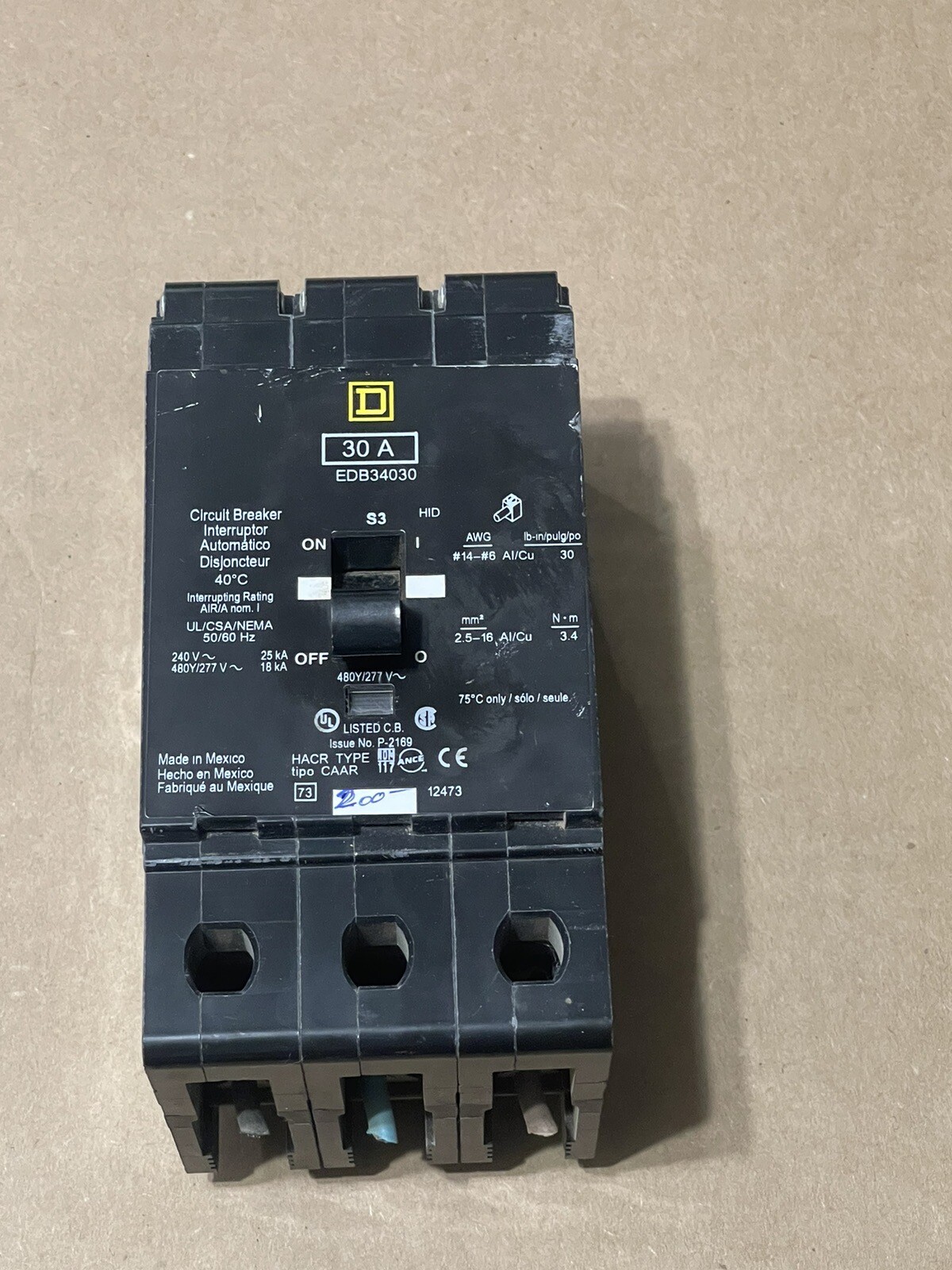 Square D EDB34030 Circuit Breaker- 30A - 3 Phase, 3-pole Bolt-in | eBay