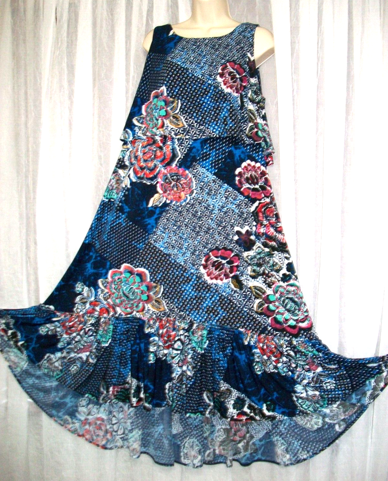 RAFAELLA M/L LONG BLUE FLORAL BOHO HI-LOW ROOMY A-LINE SUNDRESS ...