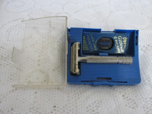 Vintage Silver Gillette Y3 Safety Razor with Original Box and Blue ...