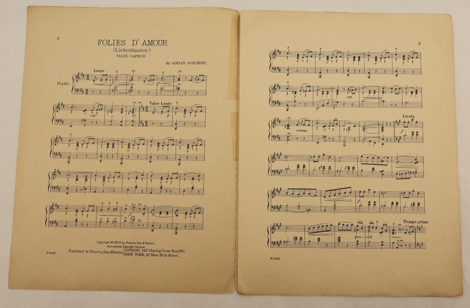 Rare Folies D'amour Waltz by Adrian Schubert Sheet Music Archie Gunn ...