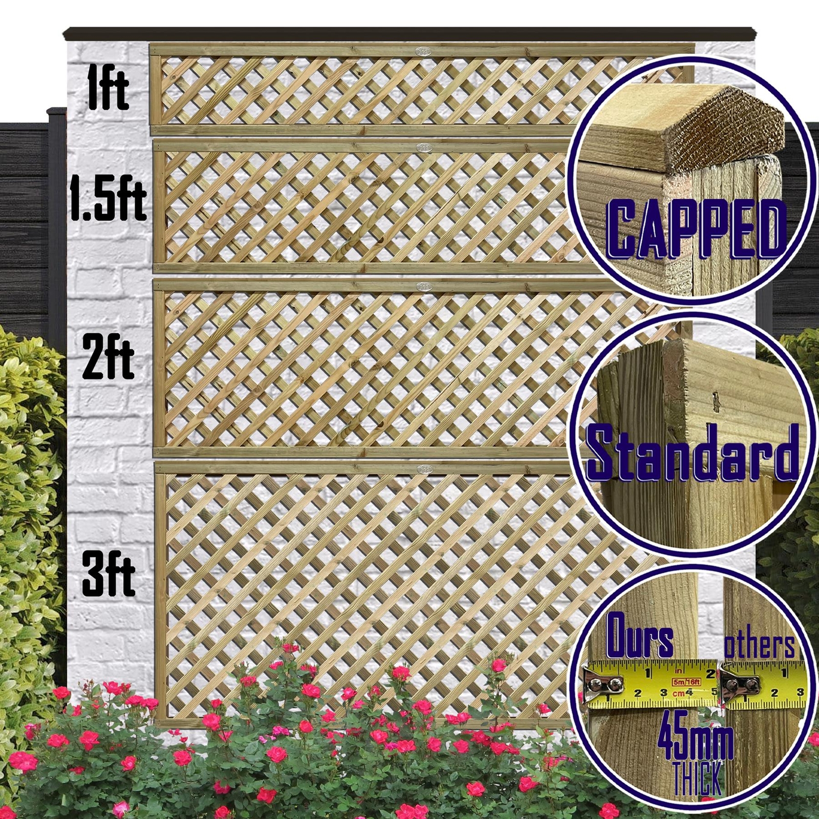 Urban Trellis Diamond 6ft x 1ft|1.5ft|2ft|3ft 45mm Thick Panel Topper ...