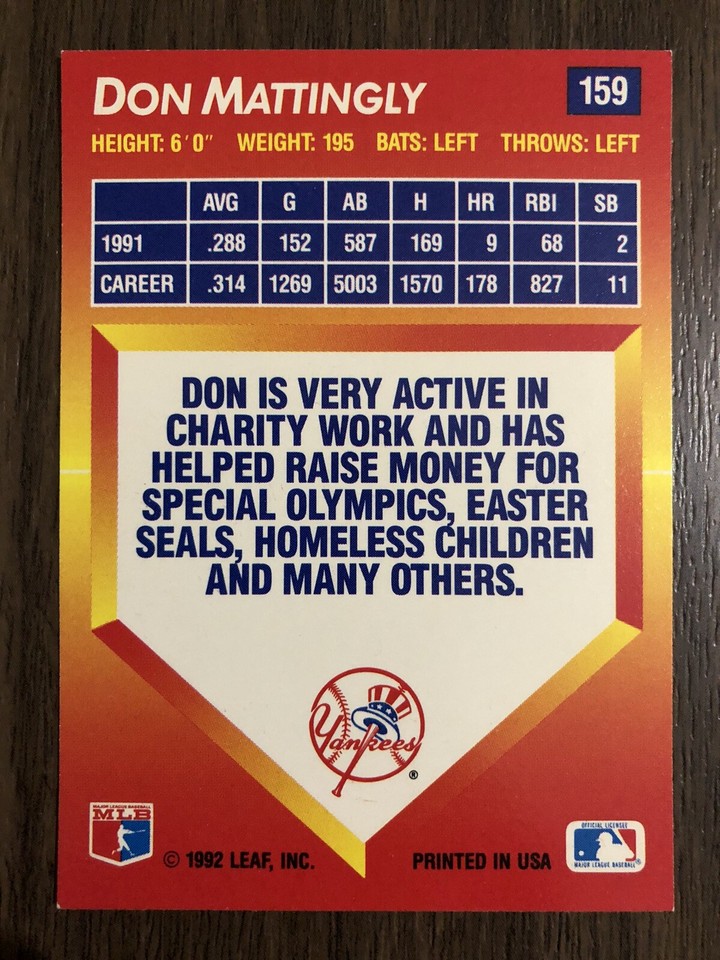 Don Mattingly #159 1992 Donruss Triple Play New York Yankees HOF ...