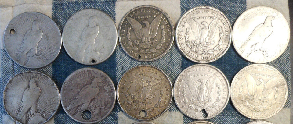 LOT OF 10 MORGAN & PEACE 90% JUNK SILVER DOLLARS DAMAGED POOR UGLY ...