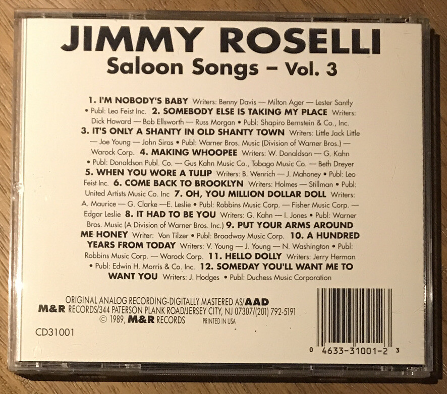 Saloon Songs, Vol. 3 by Jimmy Roselli (CD, Dec-1993, M & R) 46333100123 ...