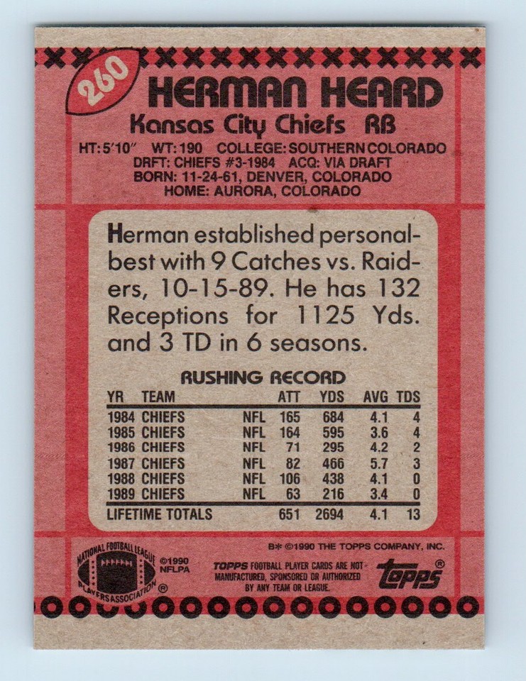 1990 Topps Herman Heard Kansas City Chiefs #260 | eBay