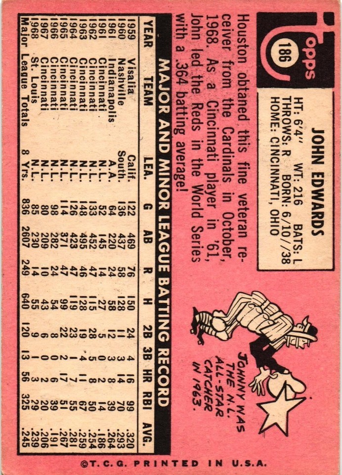 Johnny Edwards John autographed 1969 TOPPS card MLB Signed #186 Astros ...