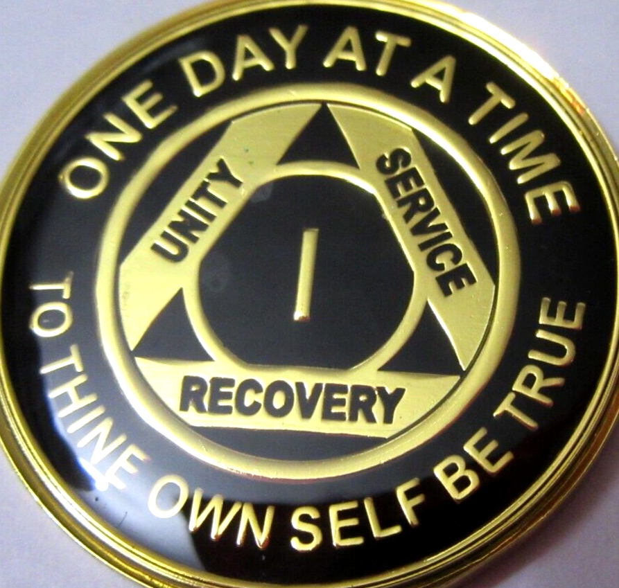 Black Alcoholics Anonymous AA 1 Year Medallion Gold Token Coin Chip ...