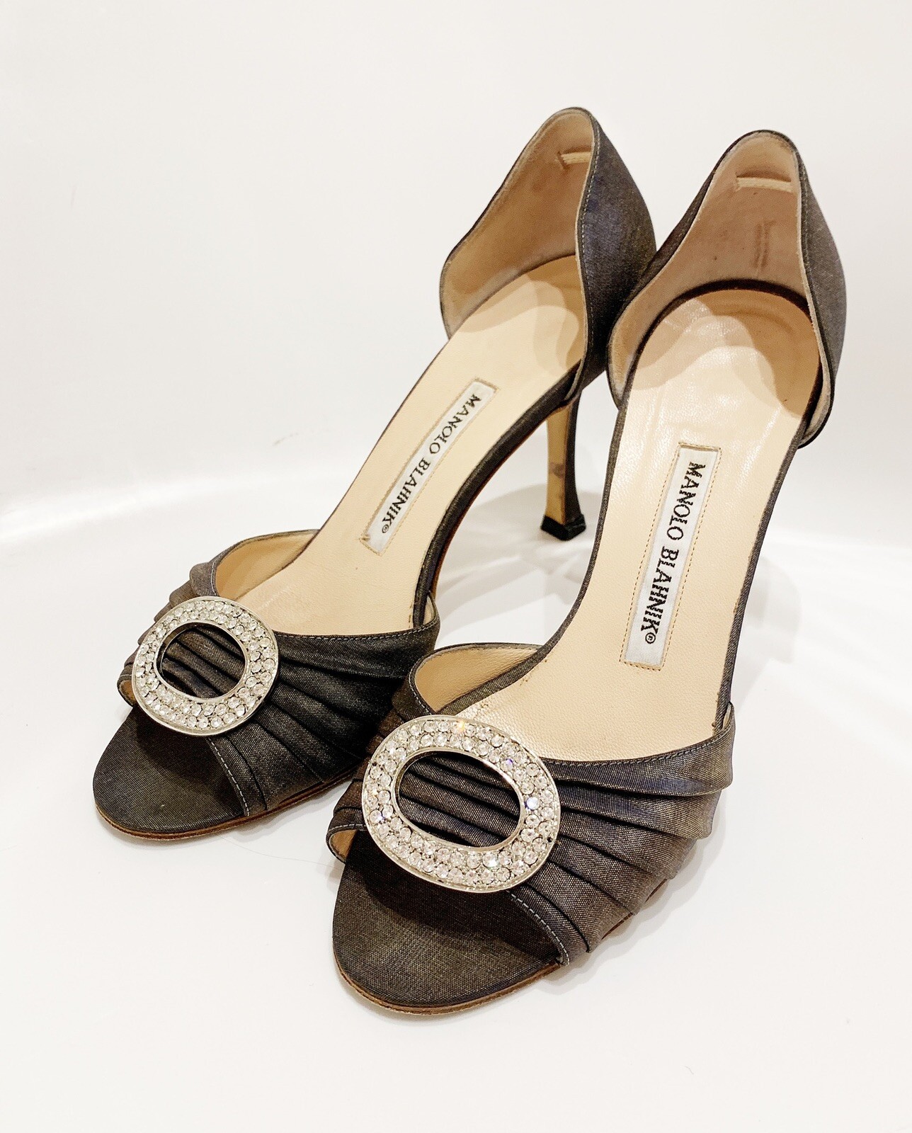 MANOLO BLAHNIK - Rhinestone Buckle Bronze Pewter Silk Hangisi High Heel ...