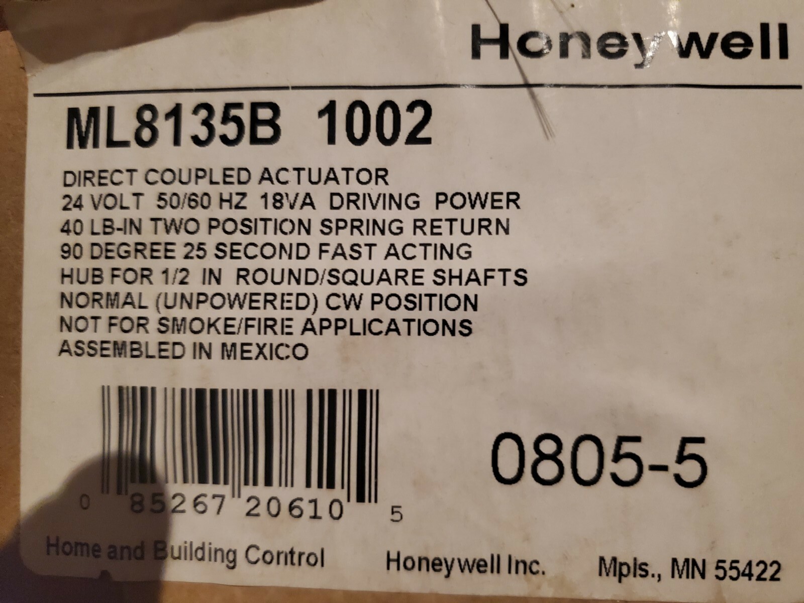 Honeywell 2 Position Direct Coupled Rotary Actuator ML8135B1002 for ...