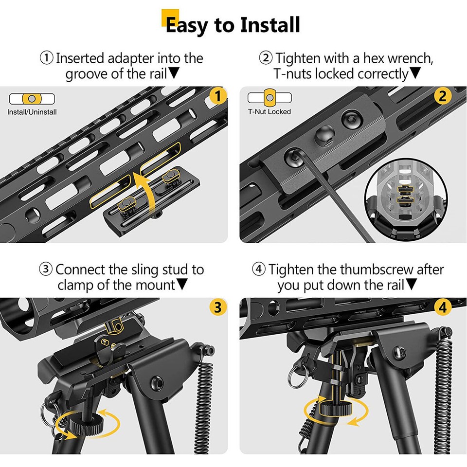 Adjustable M-LOK Rifle Bipod 6"-9" Spring Return M-Rail Adapter ...