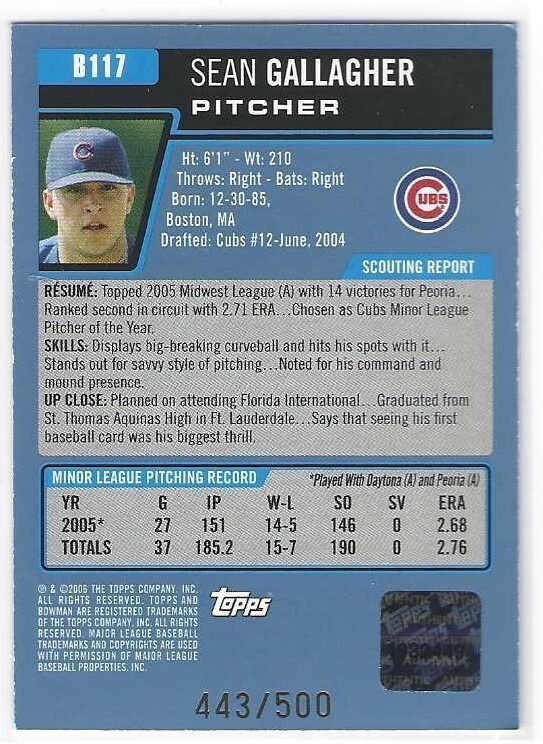 2006 Bowman Prospects Sean Gallagher AUTO #B117 - BLUE Serial #/500 | eBay