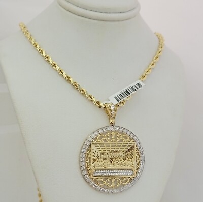 Real 10k Gold Rope chain Last supper Charm Pendant SET Solid Necklace ...