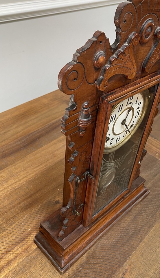 Antique Waterbury Gilbert Carved Wood Parlor Mantle Clock Bird Design ...