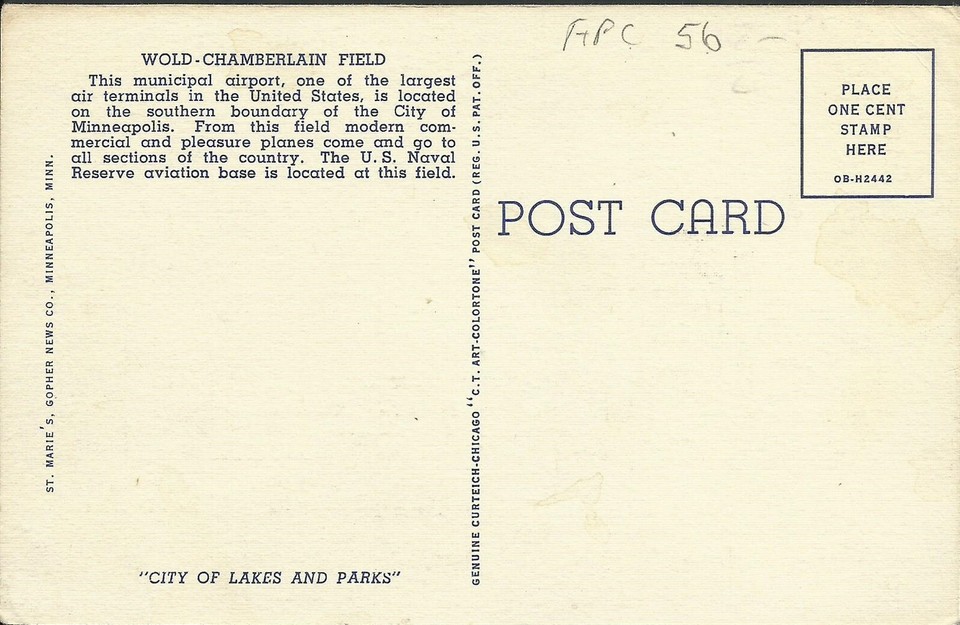 AIRCRAFT PICTURE POSTCARD - WOLD-CHAMBERLAIN FIELD & DC-3 - APC 56 | eBay