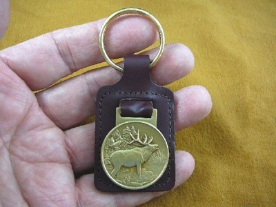 (MD-49-B) BRONZE Medallion LEATHER KEYCHAIN key chain RING Elk Wapiti ...