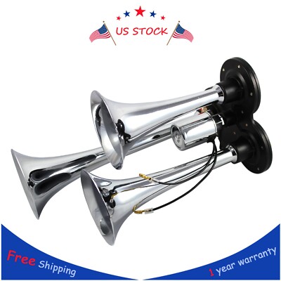 150DB IMPACT 3 TRIPLE TRUMPET DEEP LOUD TRAIN SOUND AIR HORN KIT CHROME ...
