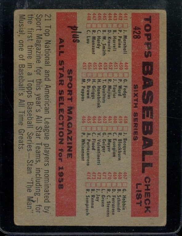 1958 Topps #428 Cincinnati Reds Team Lt. Creasing Upper Left and Back ...