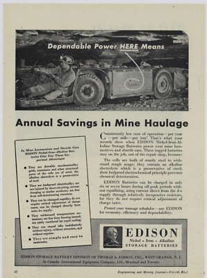1948 Edison Storage Battery Ad: Nickel Iron Alkaline Batteries 4 Mine ...