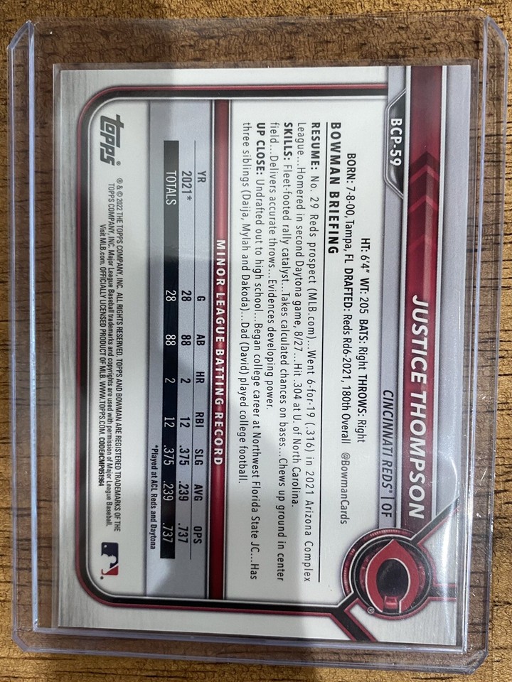 Justice Thompson 2022 Bowman Sapphire Chrome 1st Prospect CIN Reds | eBay
