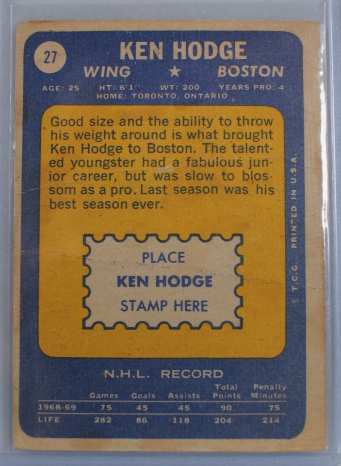 1969 Topps #27 Ken Hodge Autograph PR Authentic-FREE USA Shipping | eBay
