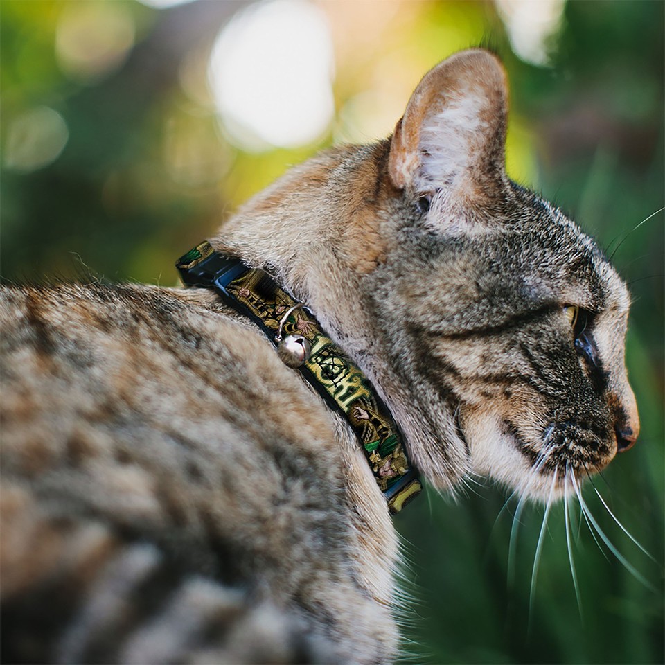 Cat Collar Breakaway with Bell LOKI Poses Black/Gold/Green NARROW Fits ...