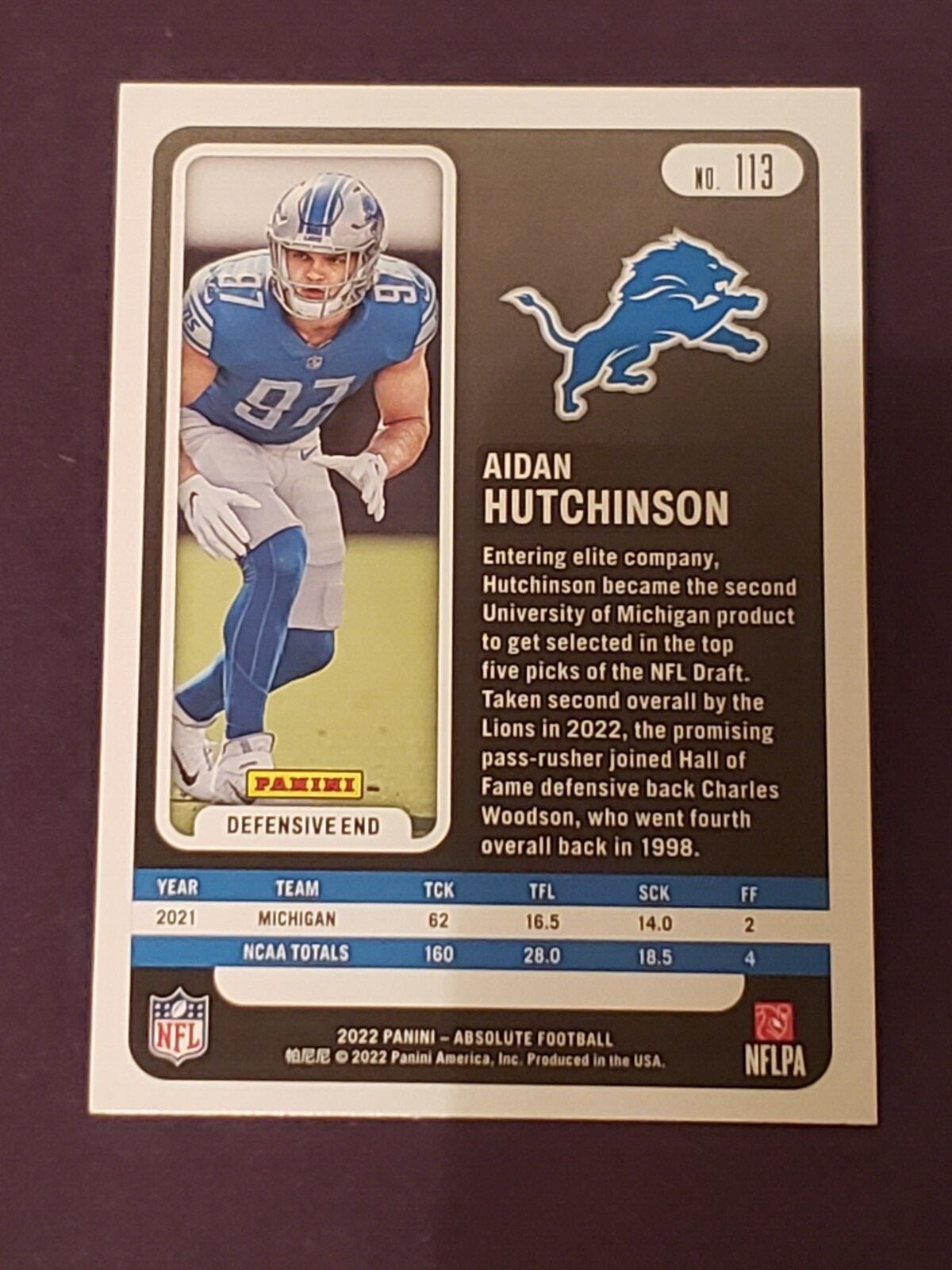 2022 Aidan Hutchinson Panini Absolute NFL ROOKIE Card #113 MINT Detroit ...