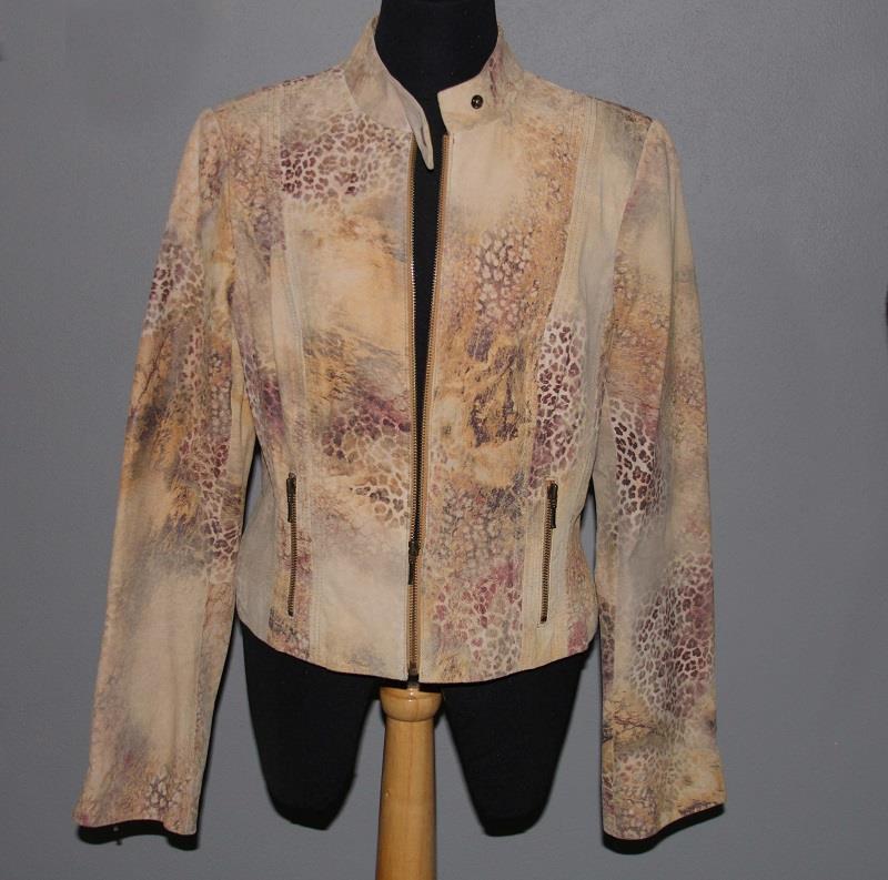 VAKKO SPORT Leopard Splash Stiff Suede Leather Mock Collar Jacket WMS ...