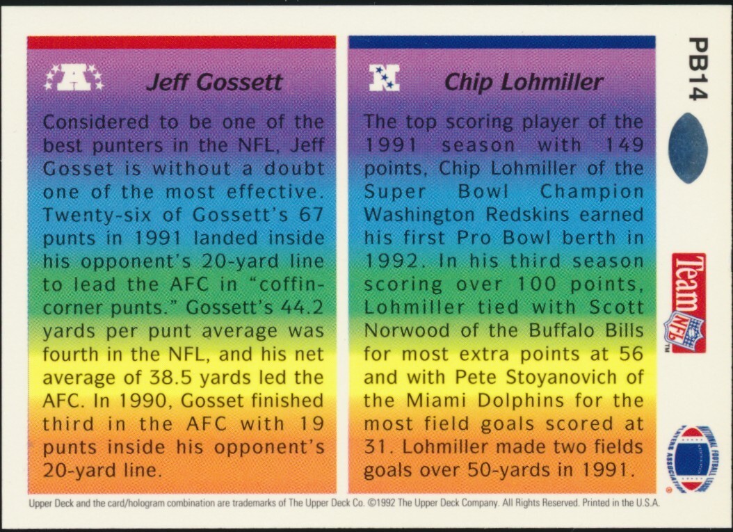 1992 Upper Deck Pro Bowl Insert #PB14 Gossett Chip Lohmiller Raiders ...