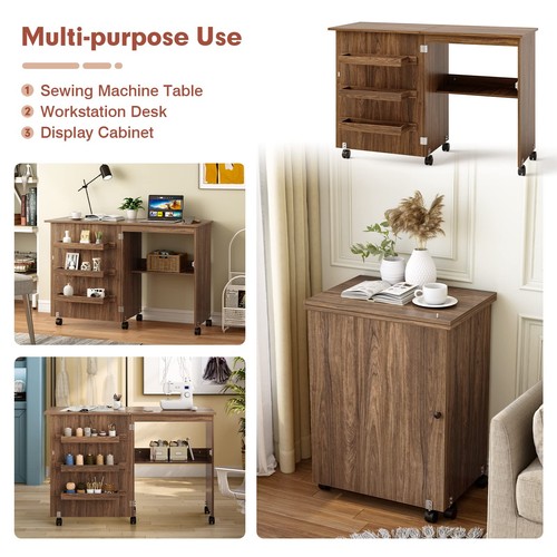 Folding Sewing Craft Table, Sewing Cabinet with 3 Storage Bins and ...