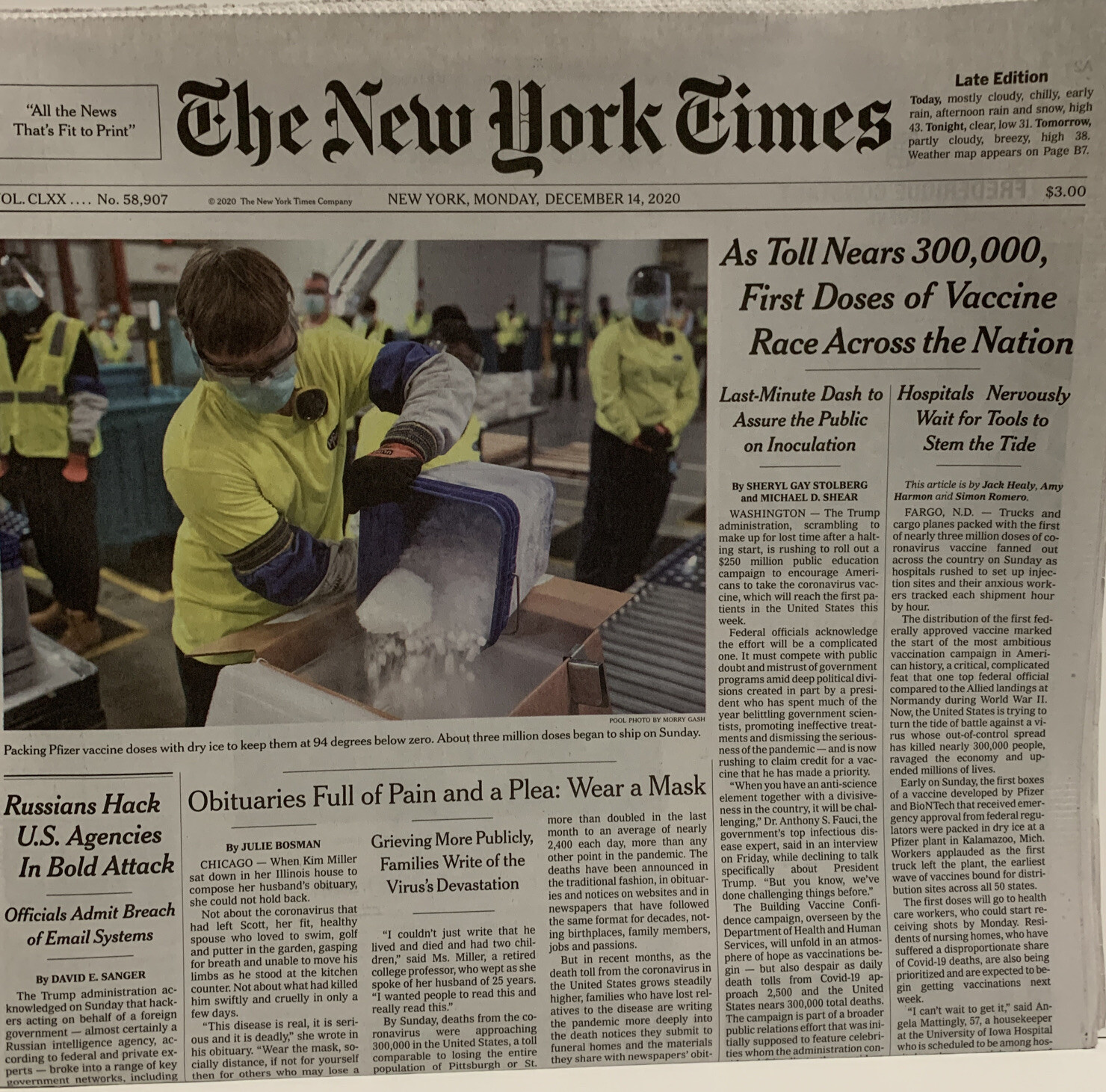The New York Times Monday, December 14, 2020 Newspaper, Late Edition | eBay