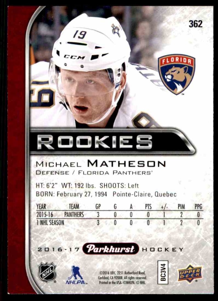2016-17 Parkhurst Red ! Michael Matheson Rookie Florida Panthers #362 ...