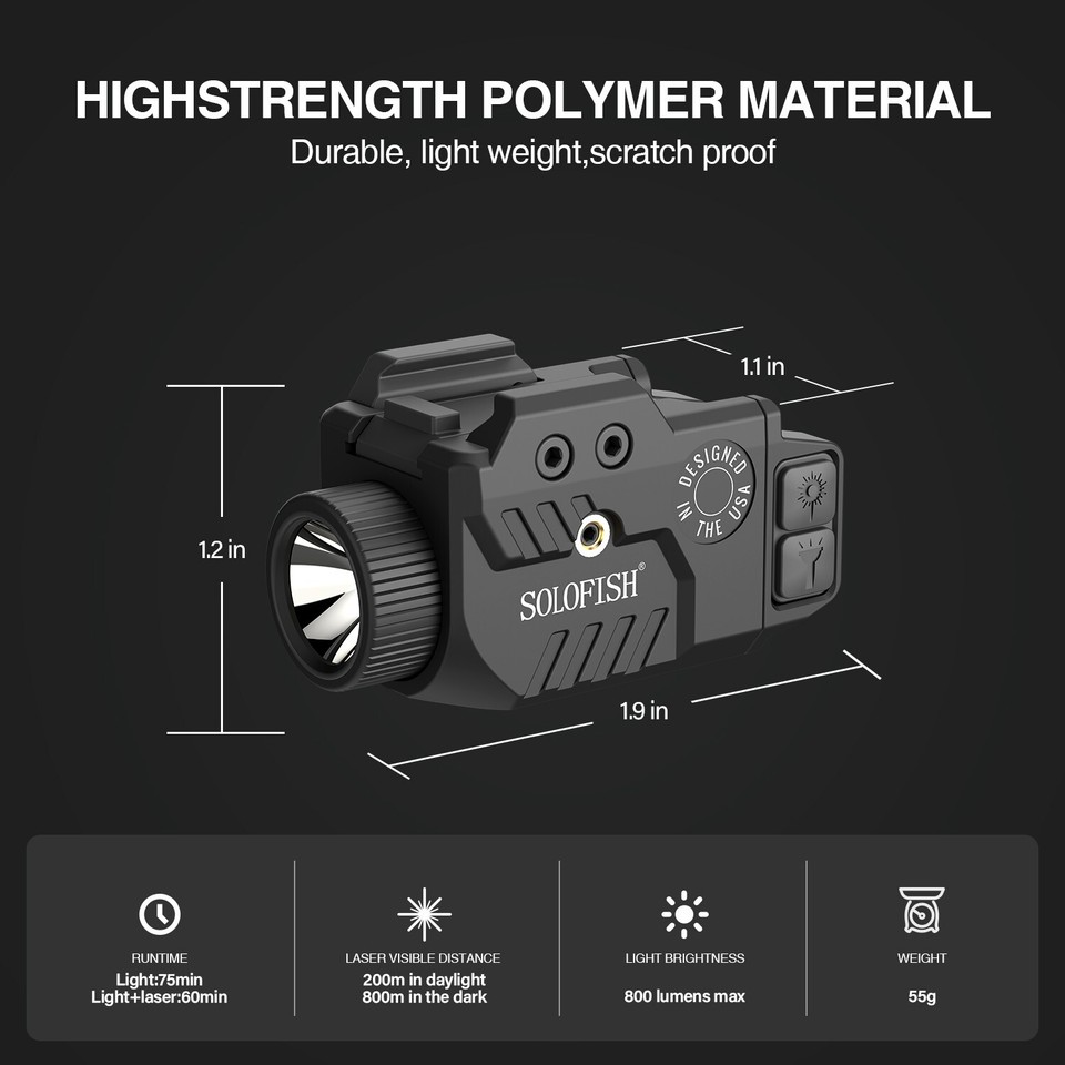 SOLOFISH 800 Lumen Flashlight & Green Laser Sight Pistol Handgun ...