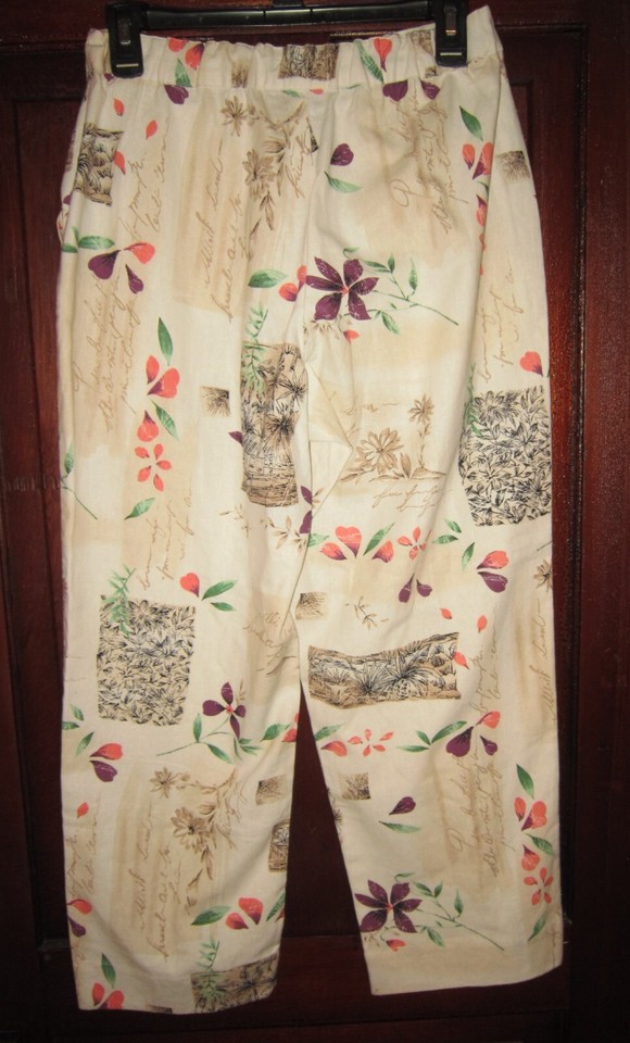 Sun Moda S Linen Cotton Pants Slacks Cropped Capri Floral Cursive Print ...