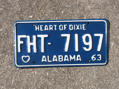 1963 Alabama Blue White License Plate Ford Chevrolet Chevy FHT 7197 AL ...