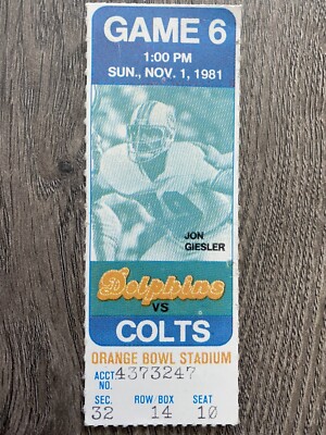 VINTAGE RARE 1981 NFL FOOTBALL TICKET STUB MIAMI DOLPHINS BALTIMORE ...