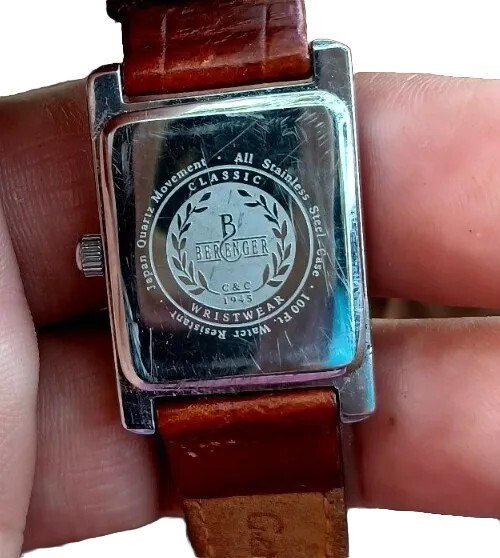 Women Berenger Watch Steel Silver Rectangular Case Blue Face Brown ...