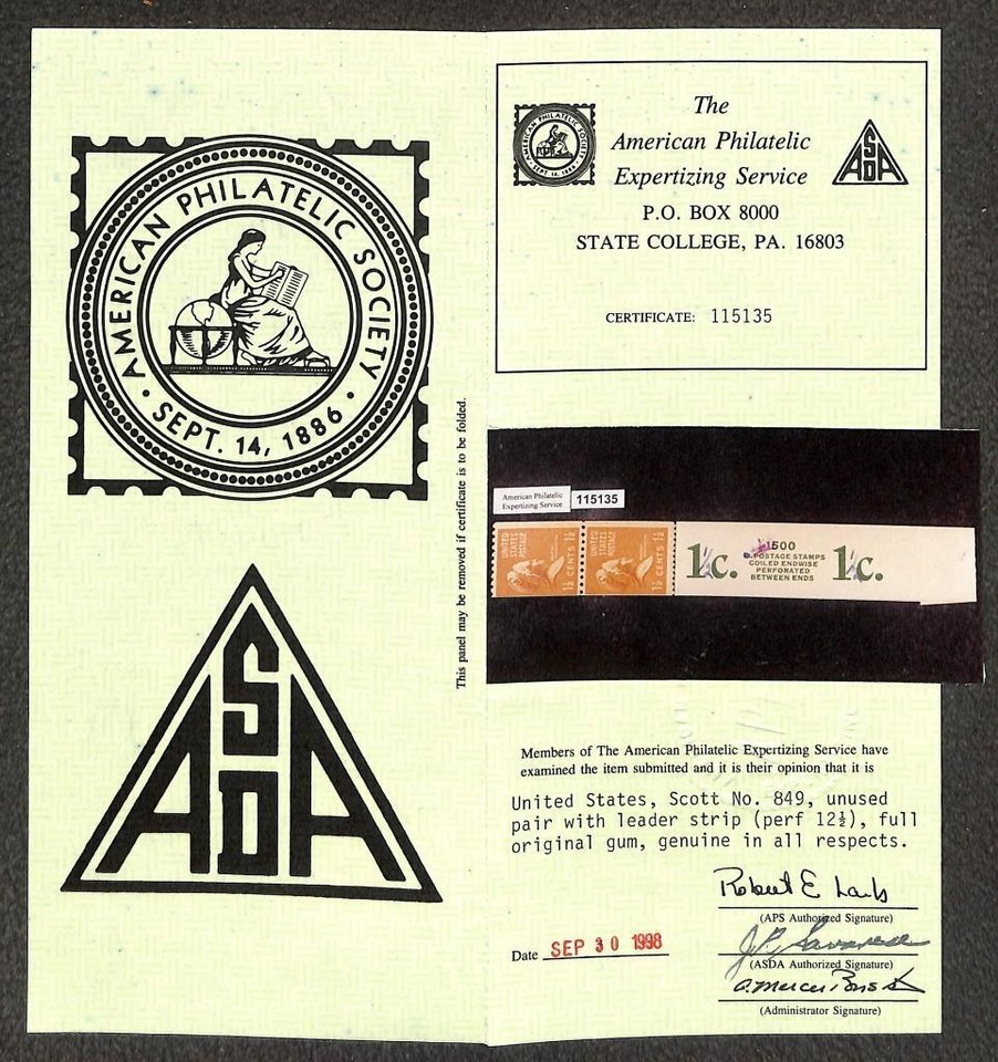 USA SCOTT 849 PERF 12.5 LEADER STRIP UNUSED PAIR PREXY STAMP APEX CERT ...