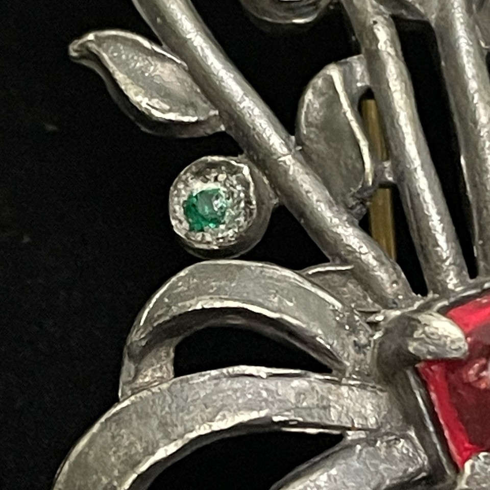VTG Red & Green Floral Spray Brooch Art Deco Pot Metal Paste Bouquet 3. ...