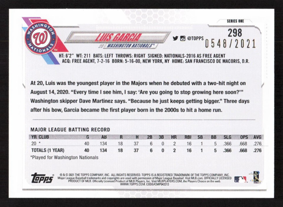 2021 Topps Luis Garcia Gold SN #298 Card #/2021 RC Rookie | eBay