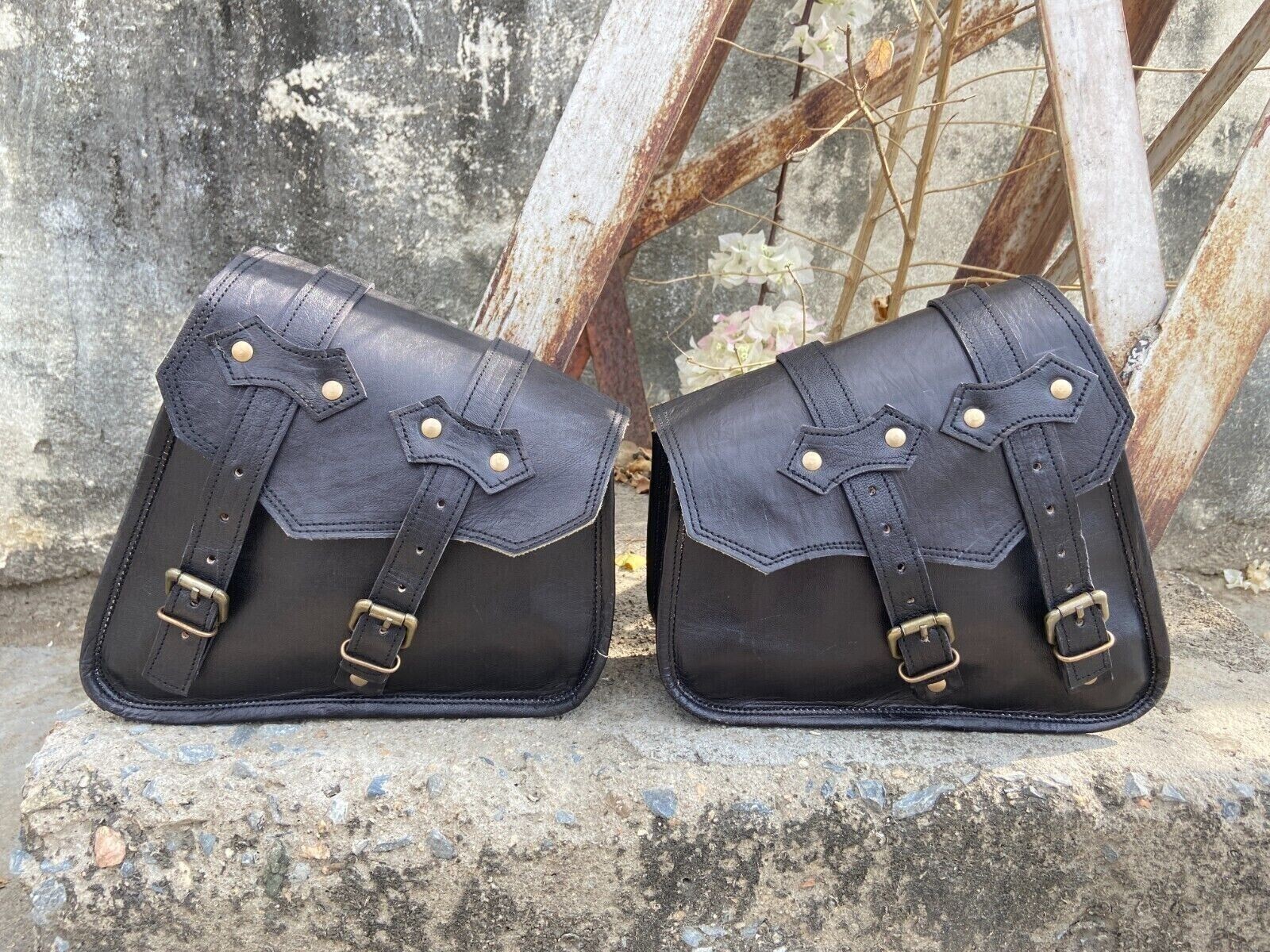 3 Black Saddle Bag Real Leather Swing Arm 2 Side Bag 1 Tool Pouch ...