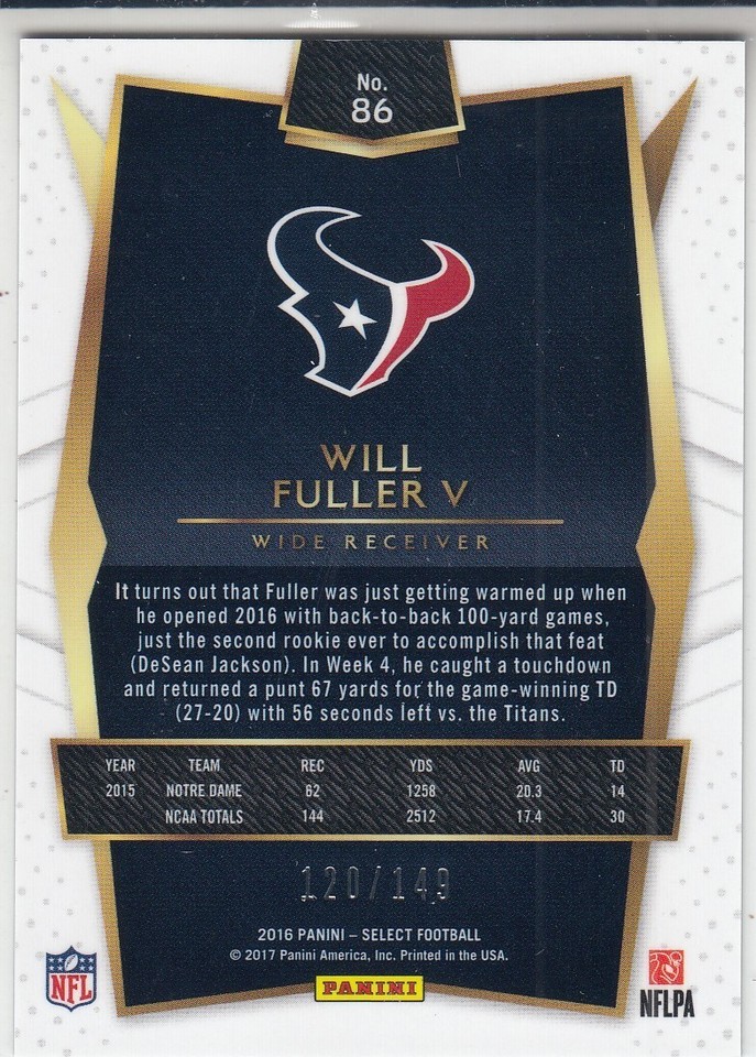 WILL FULLER V 2016 Panini Select Prizm Blue #86 RC 120/149 Texans | eBay