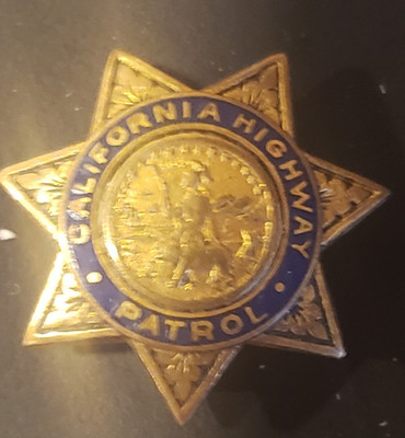 Antique. CHP badge Lapel pin. business card sig by LASD Sheriff E ...