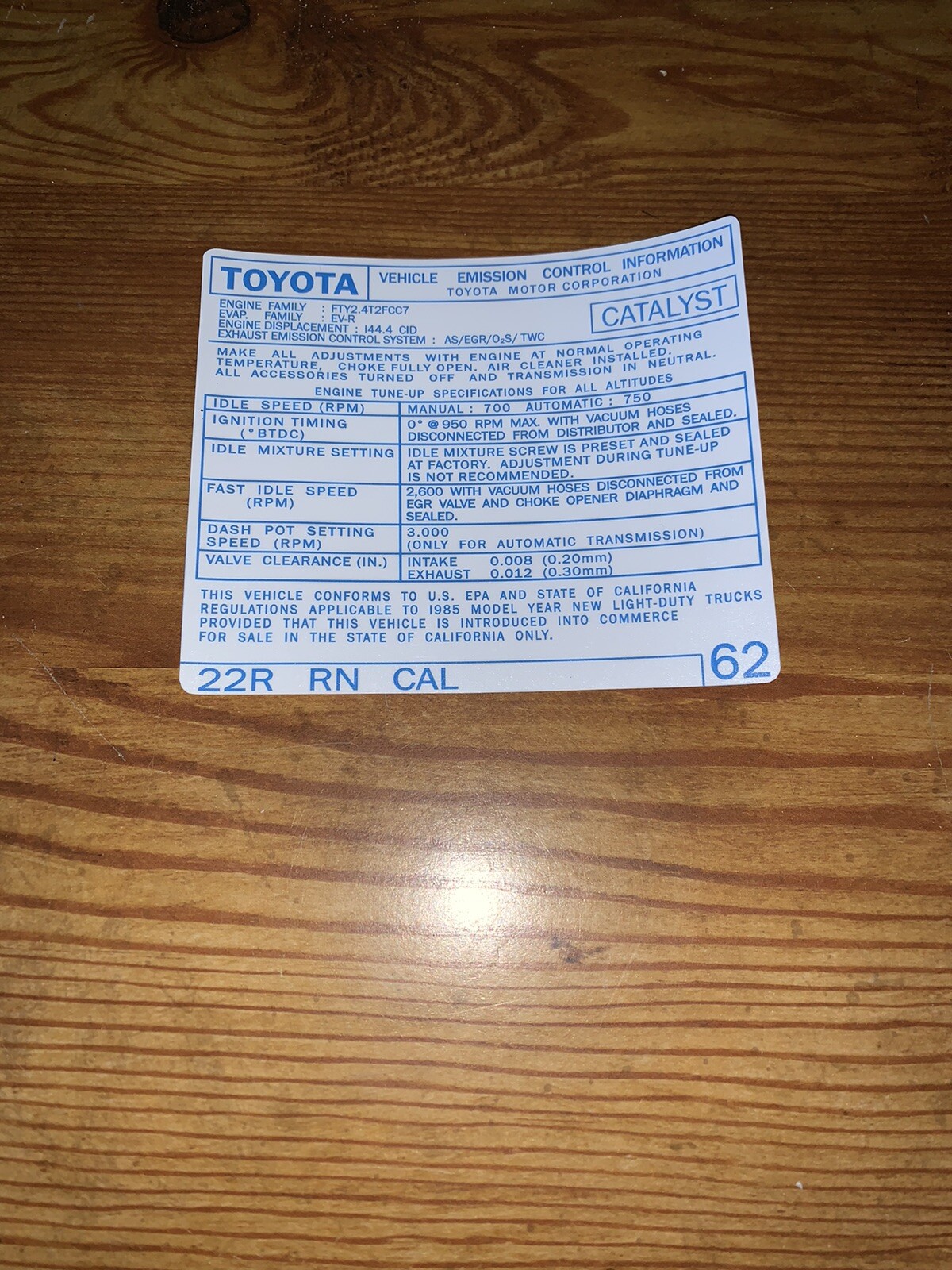 1985 Toyota Pickup Truck/4runner Emissions Decal Repro Sticker 22r Cal ...