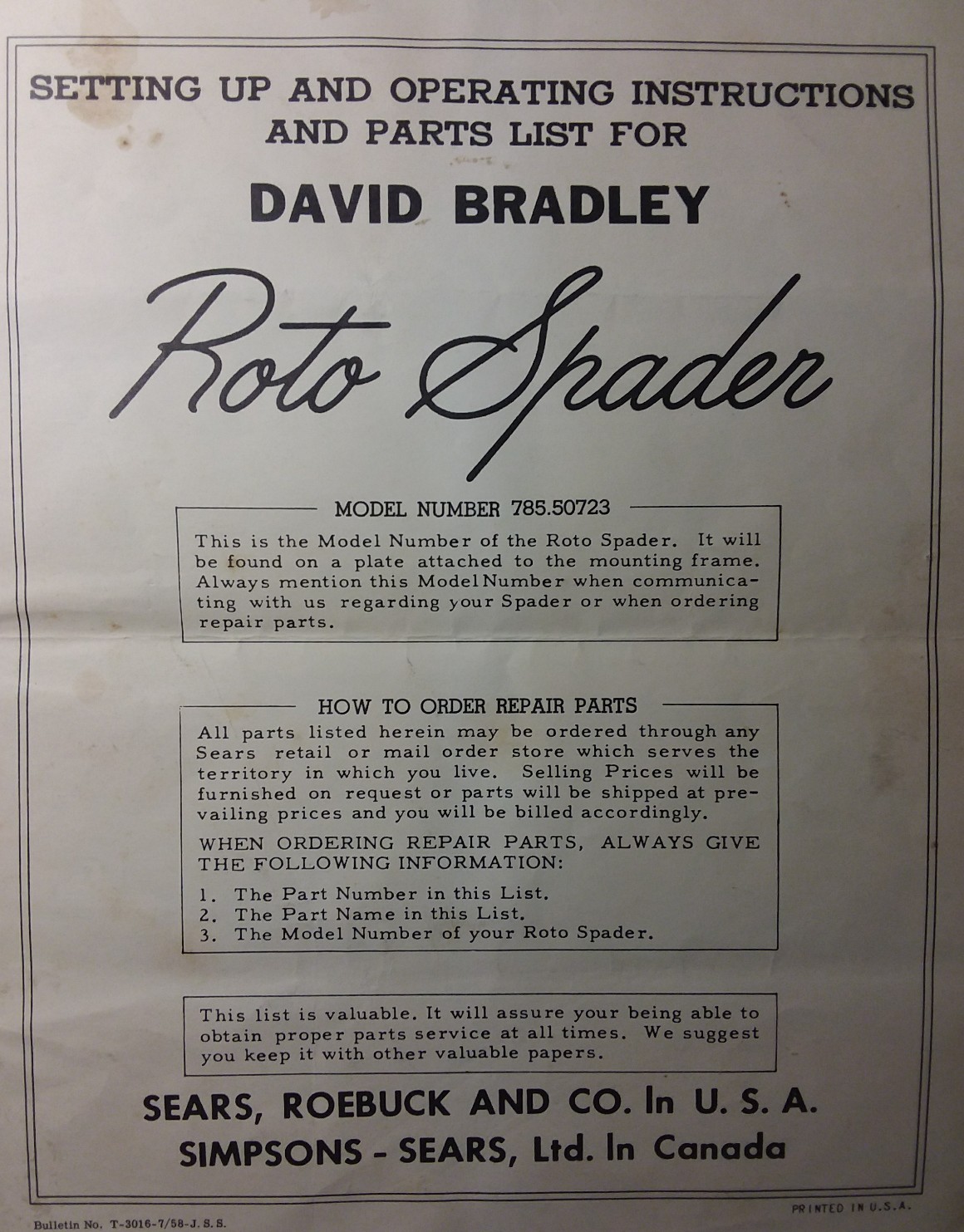 Sears David Bradley Walk Behind Roto-Spader Tiller Owner &Parts Manual ...