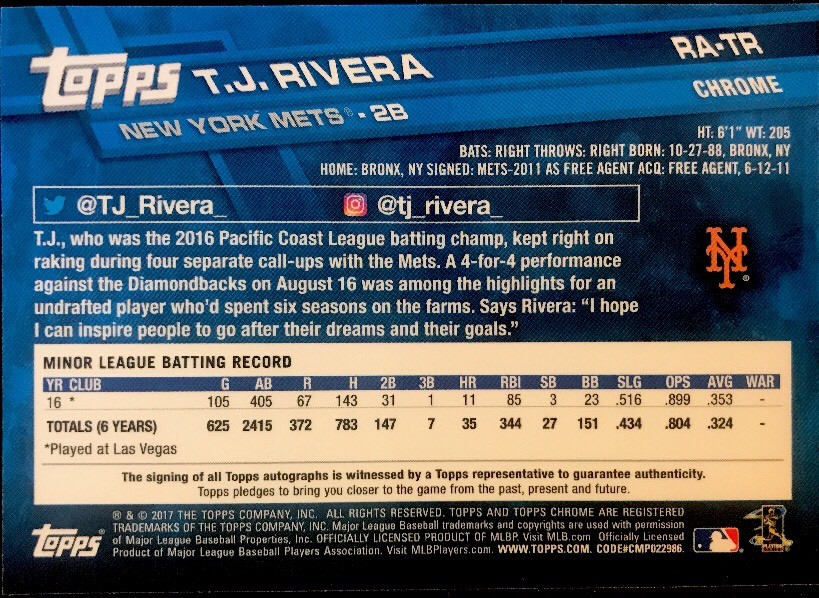 T.J. RIVERA RC - 2017 Topps Chrome ROOKIE AUTOGRAPHS #RA-TR - NEW YORK ...