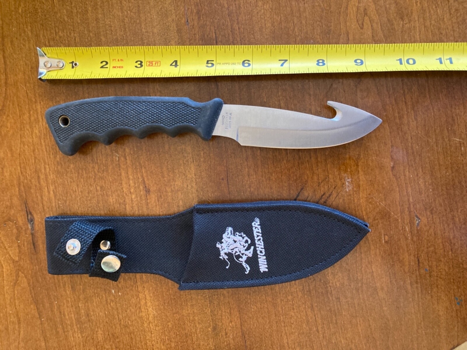 new, winchester fish hook blade knife, Black rubber handle and sheath ...