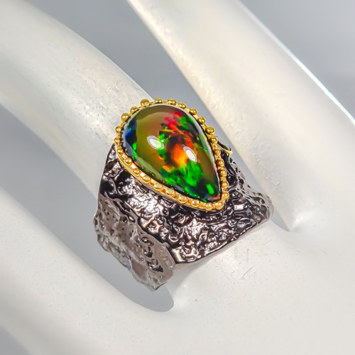 Top Color A+ 7 ct+ Natural Black Opal Ring 925 Sterling Silver Size 8 ...