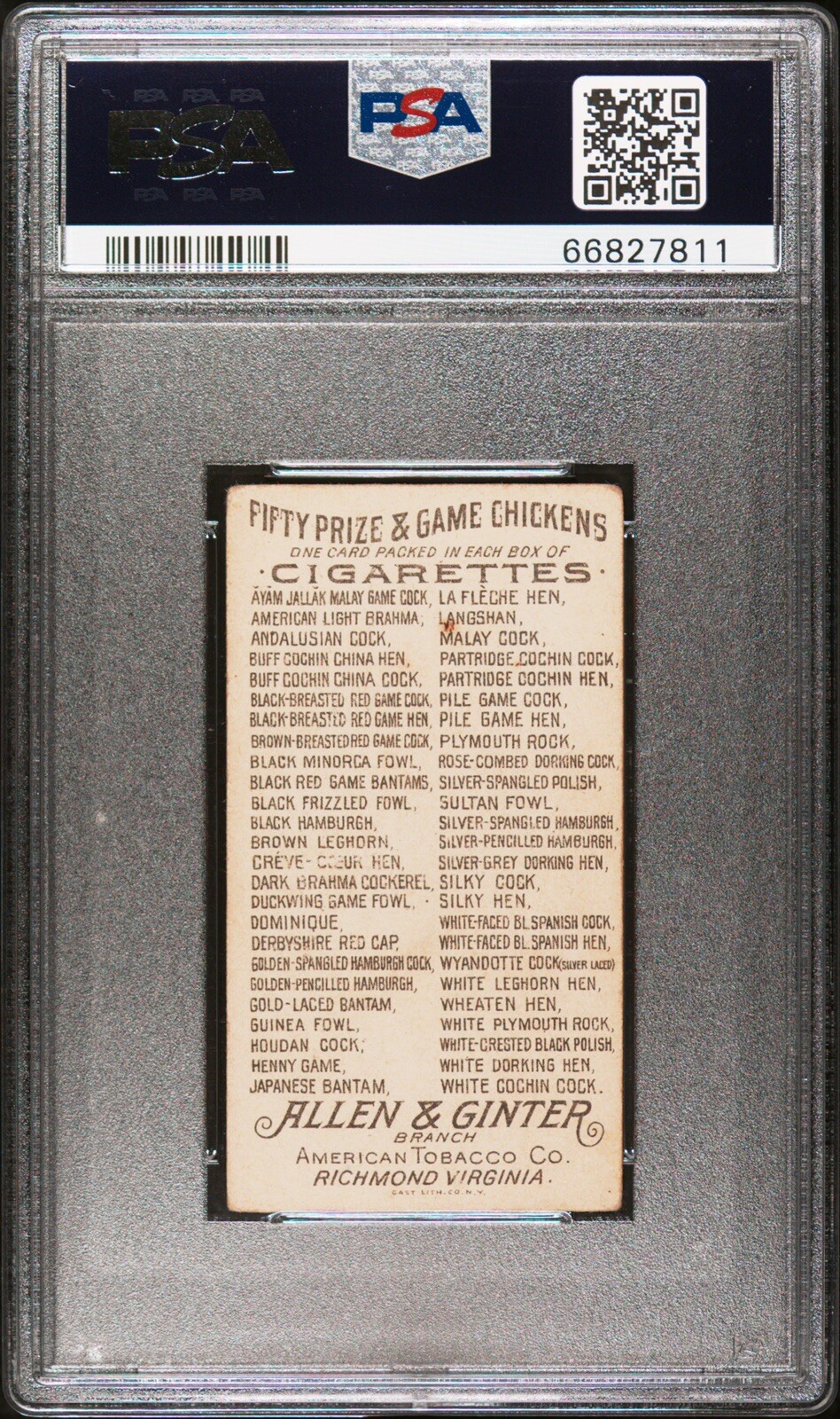 1891 N20 Allen & Ginter Prize Chickens GOLDEN-PENCILLED HAMBURGH PSA 3. ...